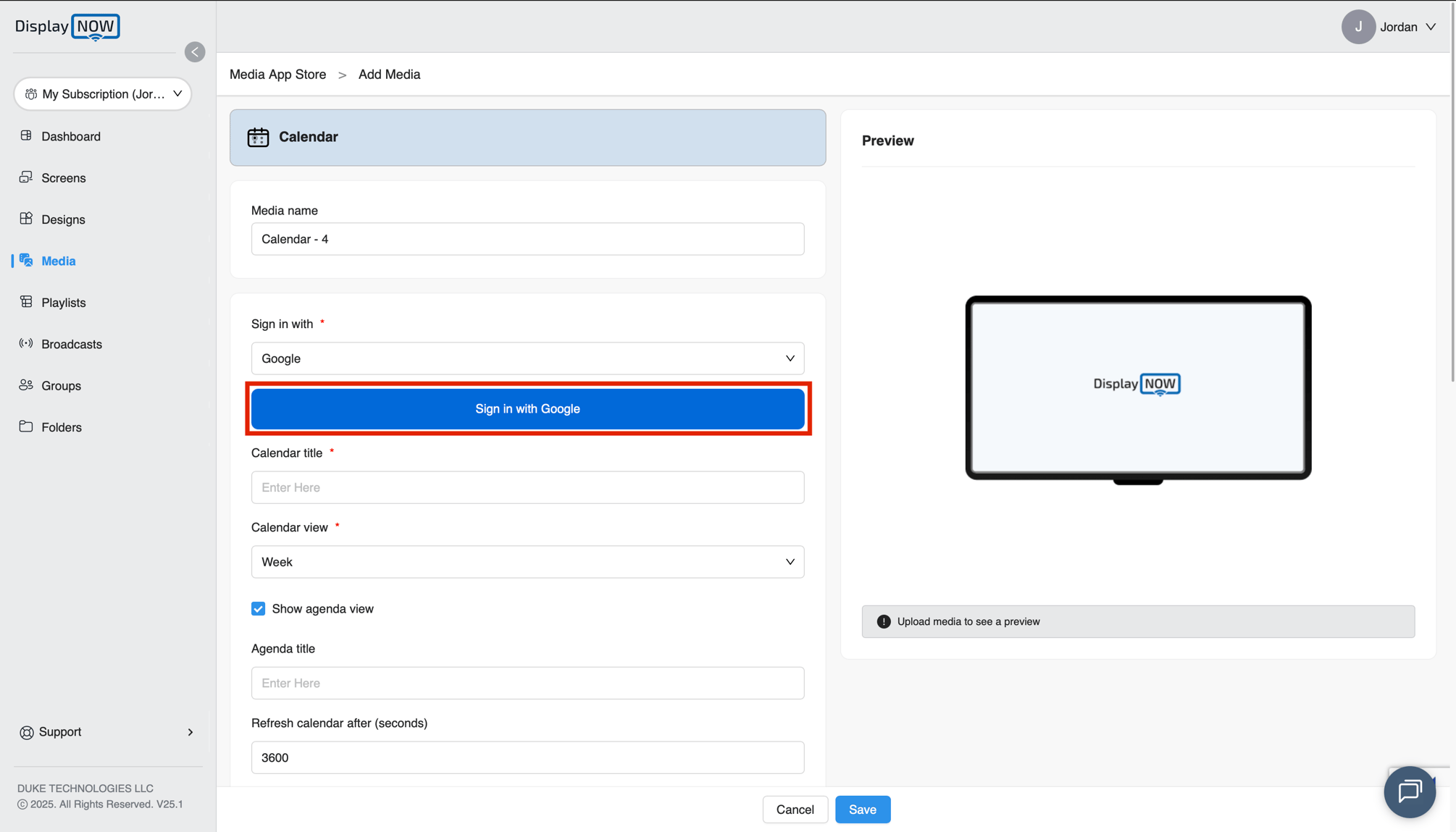 How to add and show a Google or Microsoft calendar on your screens